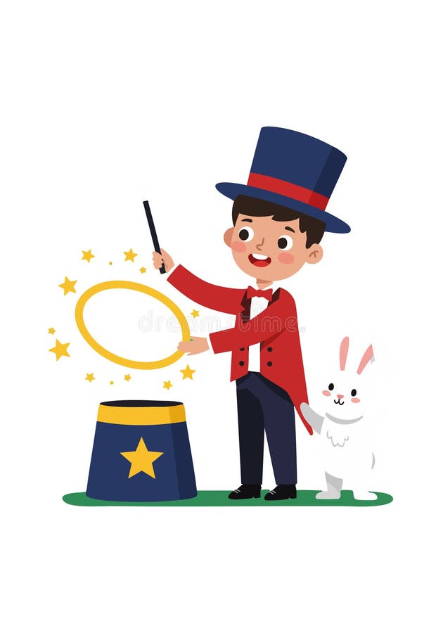 Young Magician Performing Magic Trick with Wand and Rabbit in Top Hat ...