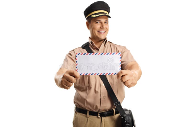 Smiling Mailman Holding a Letter and Gesturing a Thumb Up Sign Stock ...