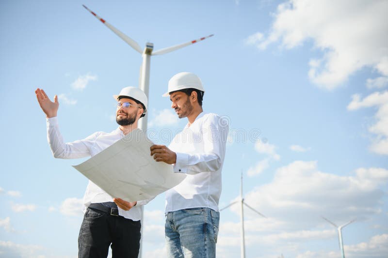 Young Maintenance Engineer Team Working in Wind Turbine Farm. Stock ...