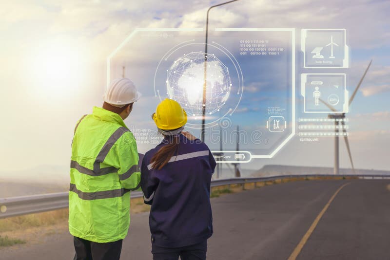 Young Maintenance Engineer Team Working in Wind Turbine Farm at Sunset ...
