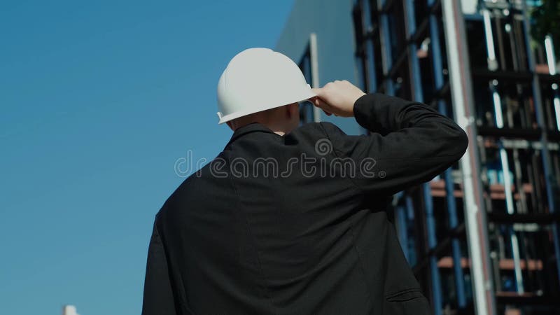 Male Builder Engineer Architect Foreman in Protective Helmet Stands ...
