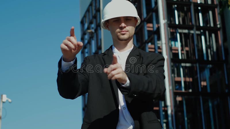 Male Builder Engineer Architect Foreman in Protective Helmet Stands ...