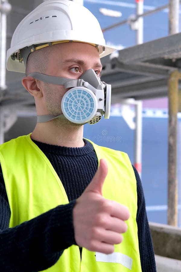 Young Male Builder Foreman, Architect in Hardhat, Protective Respirator ...