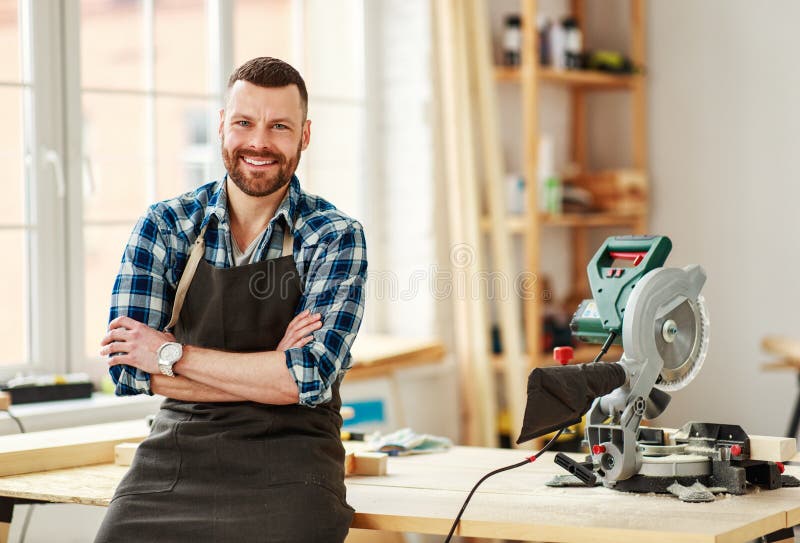 Young Male Carpenter Working in Workshop Stock Image - Image of ...