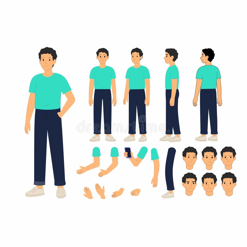 Young Male Character Creator Kit Vector Flat Style Multiple Poses and ...