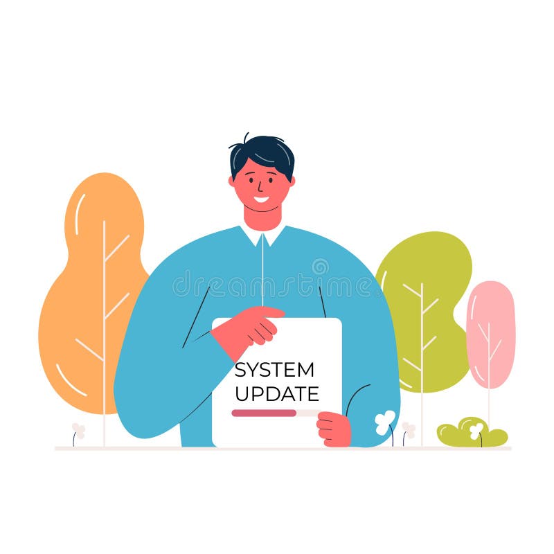Young Male Character Holding Poster with Progress Bar. System Update ...