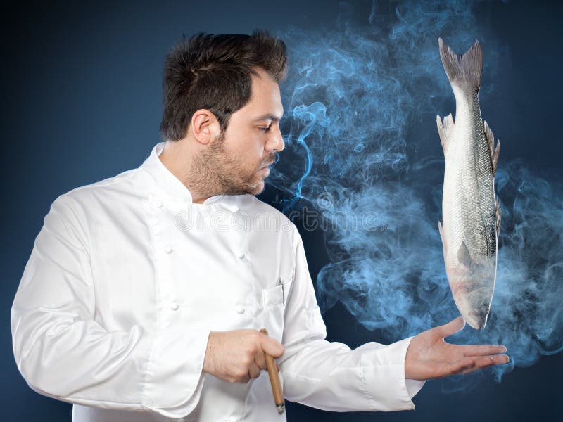 Young Male Chef with Seabass Fish Stock Image - Image of proud ...
