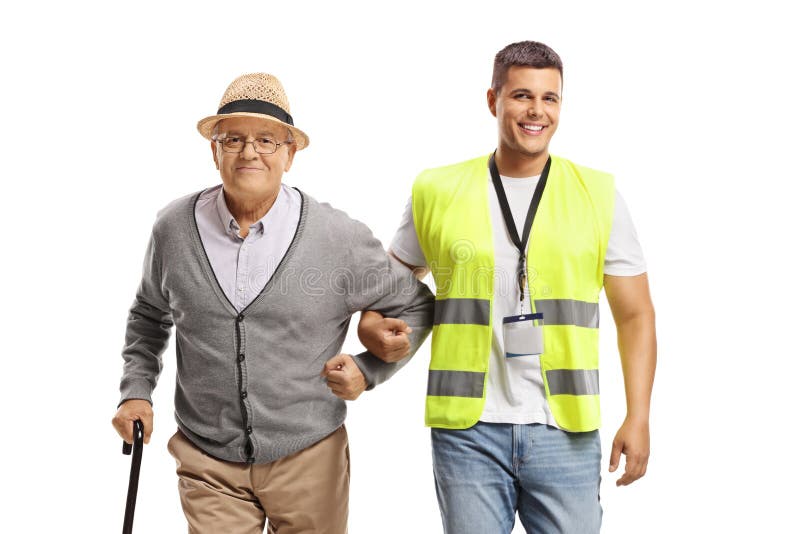 Young Male Community Worker Helping an Elderly Man with a Cane Stock ...