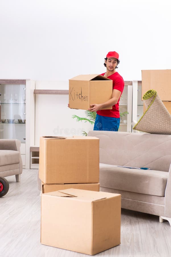 The Young Male Contractor with Boxes Working Indoors Stock Photo ...
