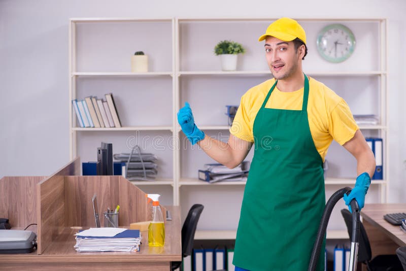 Young Male Contractor Cleaning the Office Stock Photo - Image of ...