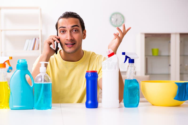 Young Male Contractor Doing Housework at Home Stock Photo - Image of ...