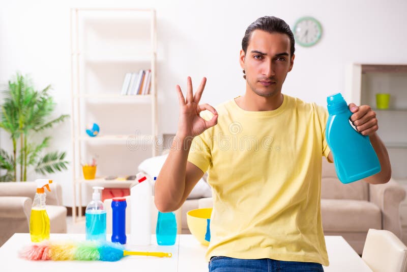 Young Male Contractor Doing Housework at Home Stock Image - Image of ...
