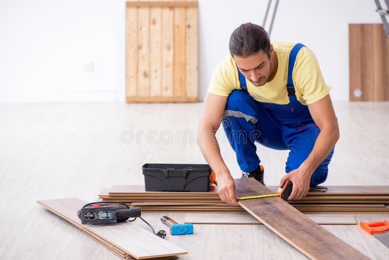Young Male Contractor Working Indoors Stock Image - Image of plywood ...