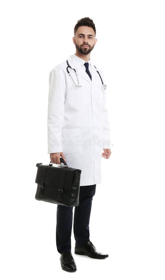 Young Male Doctor in Uniform with Bag on White Stock Image - Image of ...