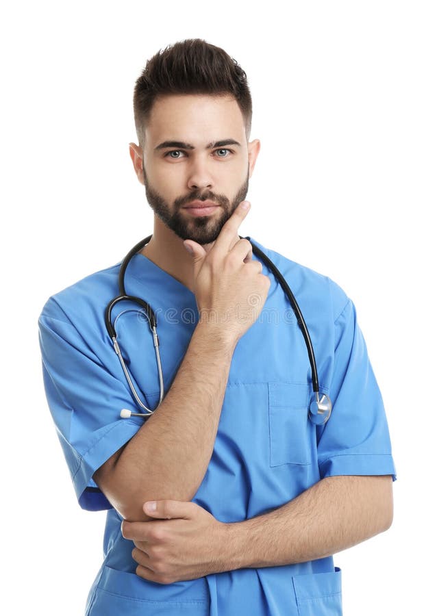 Young Male Doctor in Uniform on White Stock Image - Image of clinic ...