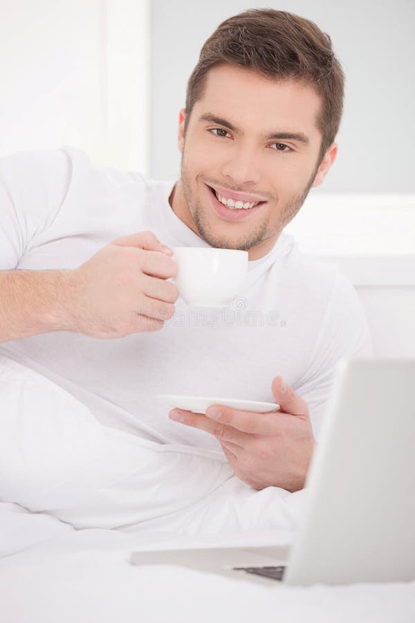 Young Male Drinking Morning Coffee. Stock Photo - Image of college ...