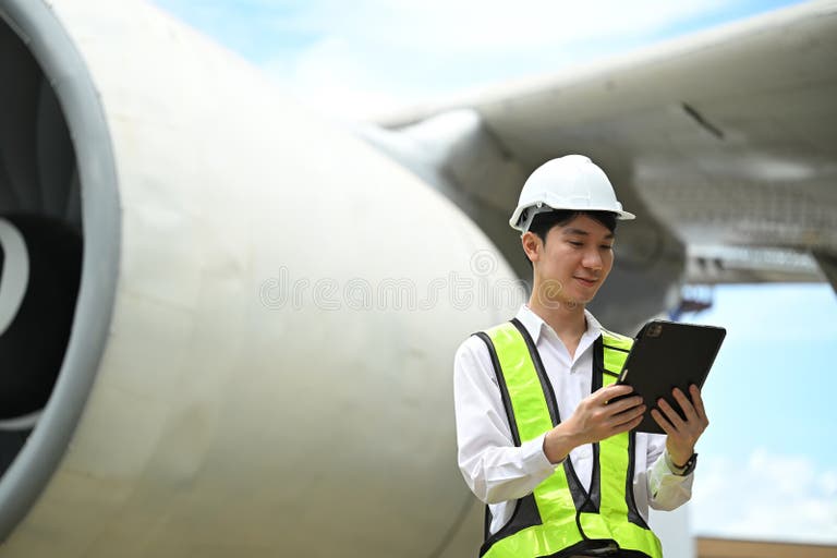 Young Male Engineer or Aviation Technician Using Digital Tablet in ...