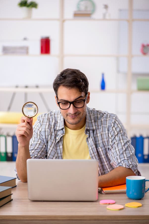 Young Male Freelancer Working from Home Stock Image - Image of loupe ...