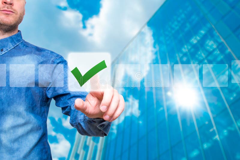 Young Male Hand Touching, Pressing Modern Button and Ticking Che Stock ...