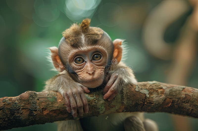 A Young Male Monkey Perched on a Green Tree Branch Stock Illustration ...