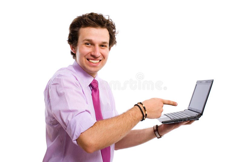 Young Male Point To the Right Website, Computer Stock Photo - Image of ...