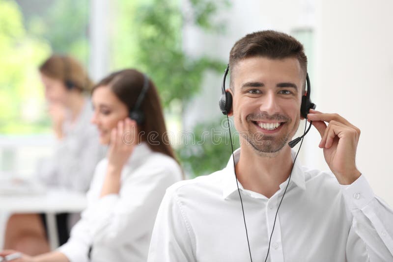 Young Male Receptionist with Headset Stock Photo - Image of adult ...