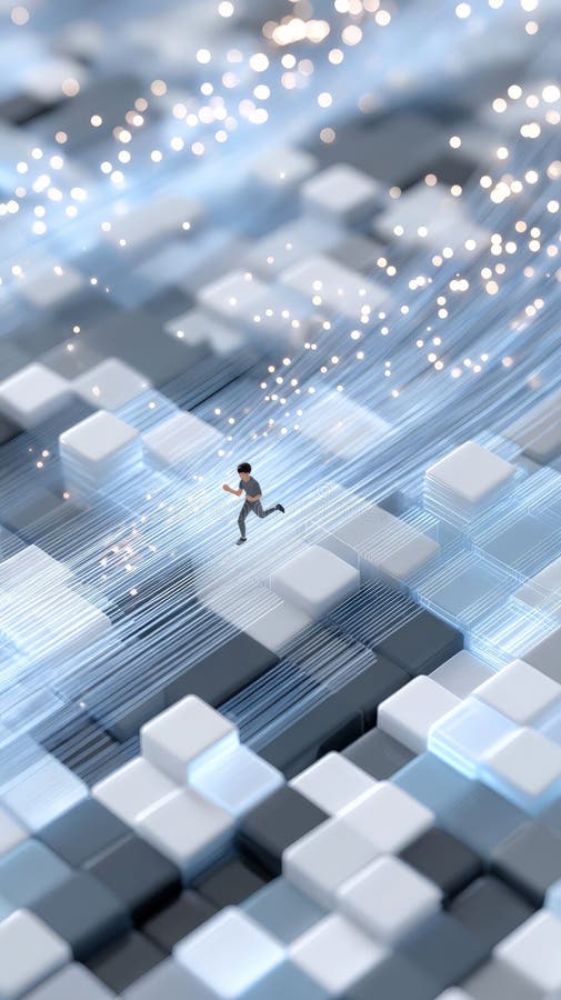 Young Male Running on Futuristic Digital Grid with Sparkling Lights ...