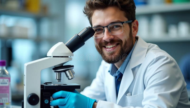 Scientist Smiling and Using Microscope in Laboratory Research Stock ...