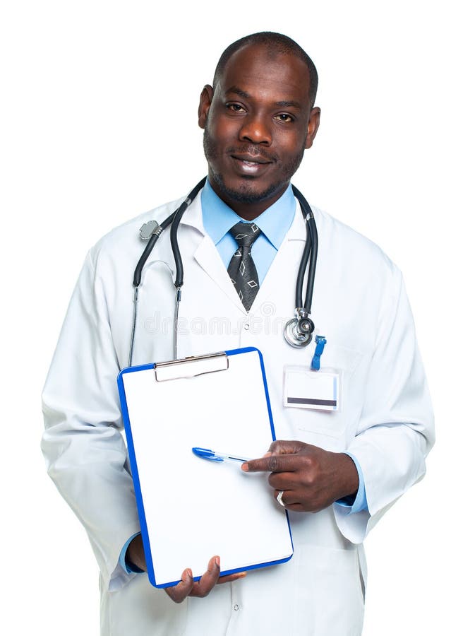 Young Male Smiling Doctor Showing Clipboard with Copy Space for Stock ...