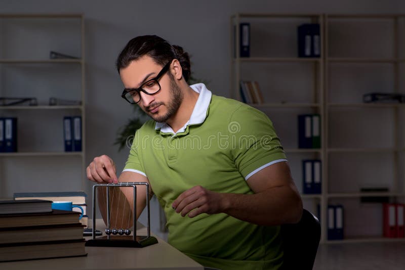 Young Male Student Physicist Working Hard at Night Time Stock Photo ...