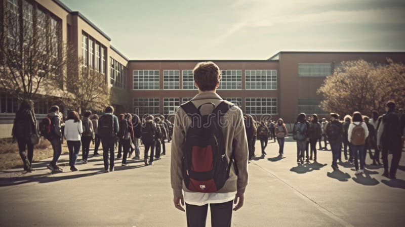 Young Male Student Standing in Front of a High School Building, Other ...
