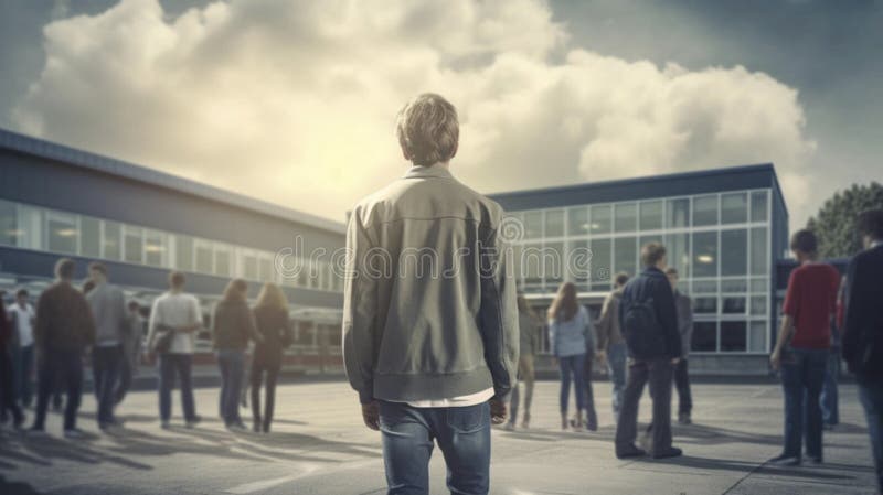 Young Male Student Standing in Front of a High School Building, Other ...