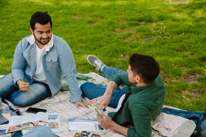Young Male Students Doing Homework Together while Sitting in Park Stock ...