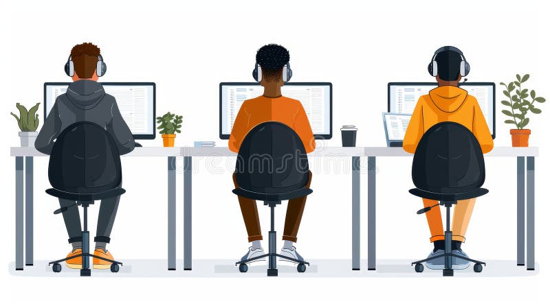 Young Male Students in Modern Study Environment Using Computers and ...