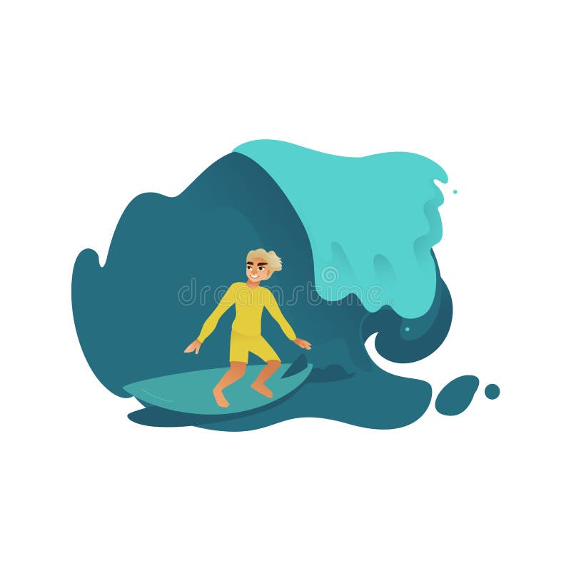 Young Male Surfer Riding Blue Ocean Or Sea Wave On His Surfboard Stock