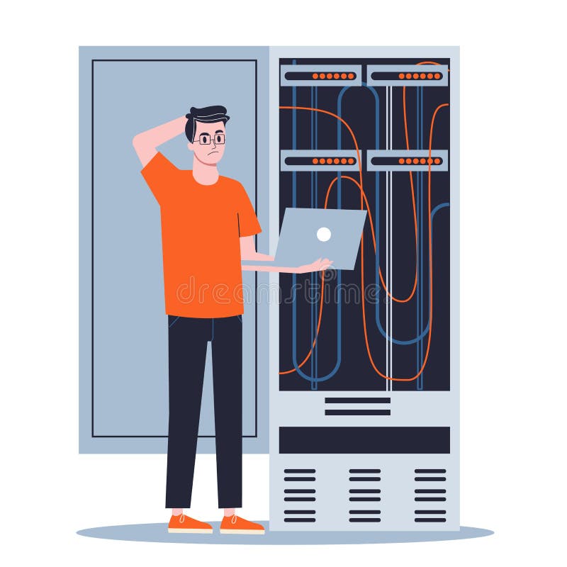 Male Sysadmin Working on Laptop To Maintaining or Repairing Server ...