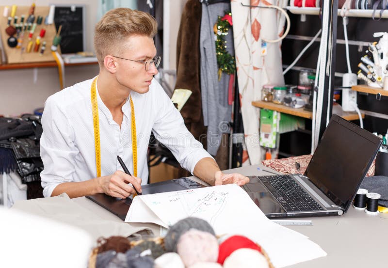 Tailor Creating Pattern Using Graphics Tablet Stock Image - Image of ...