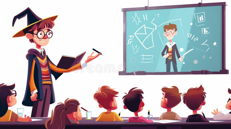 A Young Male Teacher in a Wizard Outfit Guides Eager Students in a ...