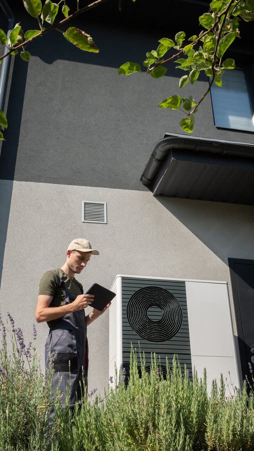 External Heat Pump Unit Against the Wall of the House. Modern ...