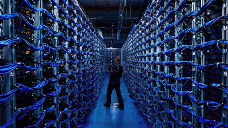 A Young Male Technician Working in a Data Center, Connecting Blue ...