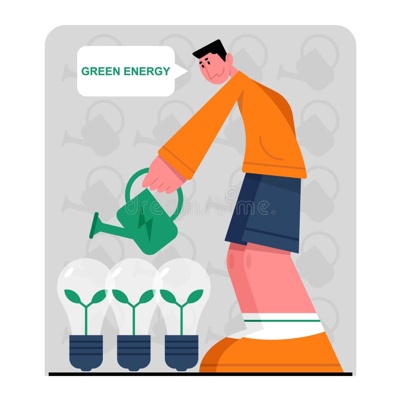 Young Male Watering Bulbs. Energy Consumption in Household Stock Vector ...