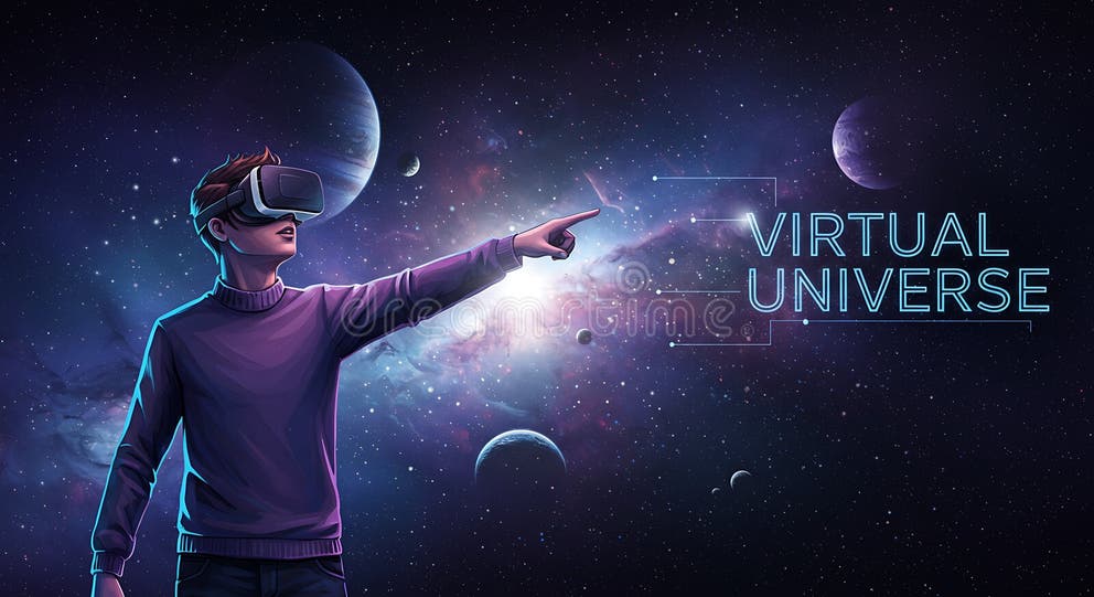 A Young Male Wearing a Virtual Reality Headset Points Forward, Standing ...