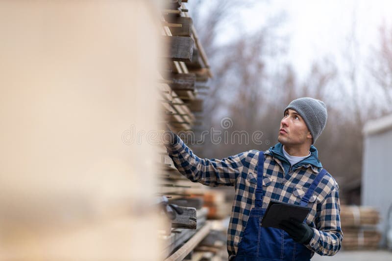 Young Male Worker in Timber Warehouse Stock Image - Image of lumber ...