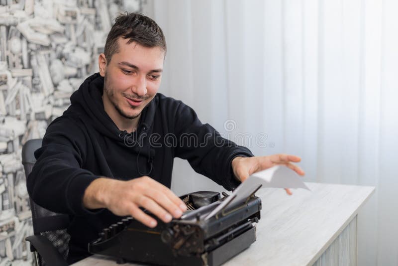 Young Man or Adult Guy with Typewriter Stock Photo - Image of person ...