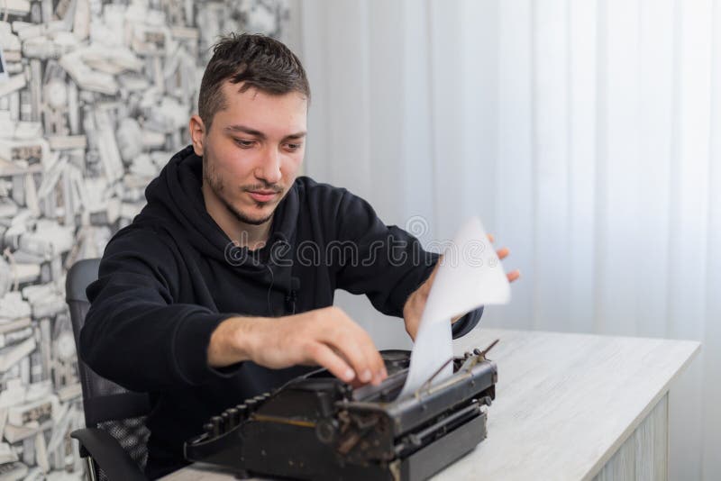 Young Man or Adult Guy with Typewriter Stock Photo - Image of portrait ...