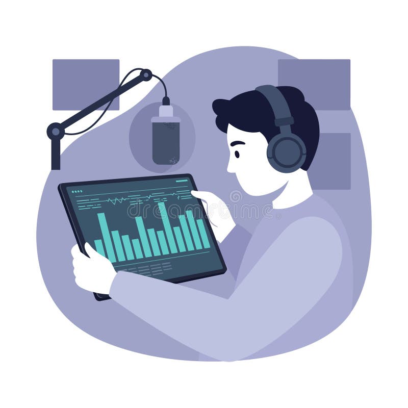 Young Man Analyzing Audio Data with Headphones and Microphone in ...