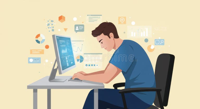 Young Man Analyzing Data on Computer in Modern Office Setting with Graphs and Charts Stock Image ...