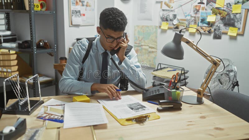 Young Man Analyzing Documents at a Cluttered Detective Office with ...