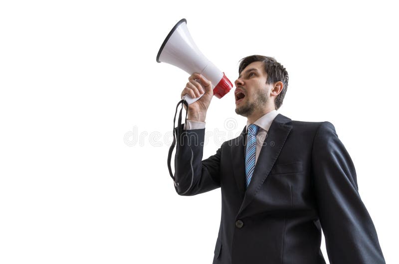 Young Man is Announcing a Message and Shouting To Megaphone. Isolated ...