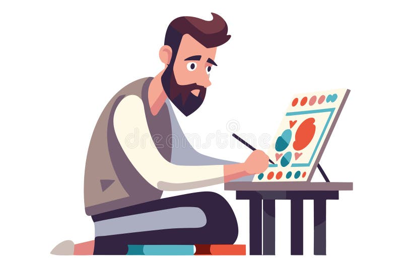 Young Man Artist Siting and Making Drawing on Canvas Feeling Creative ...